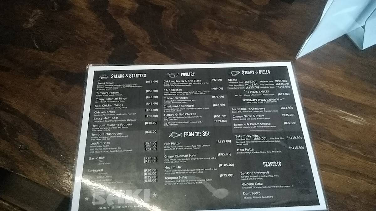 Menu at Saki pub & bar, Pietermaritzburg