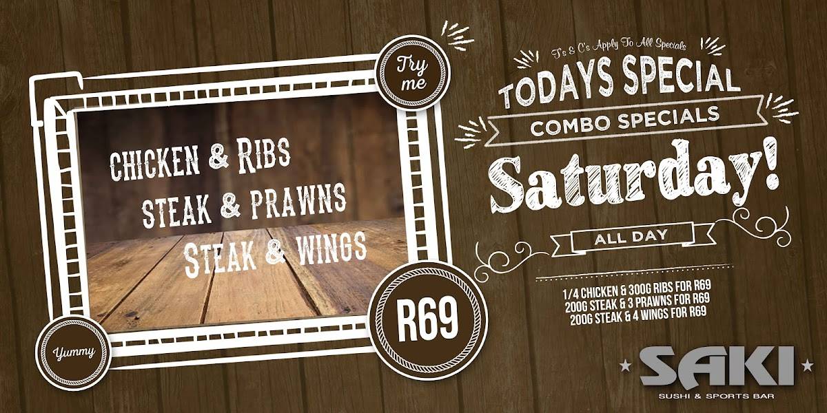 Menu at Saki pub & bar, Pietermaritzburg