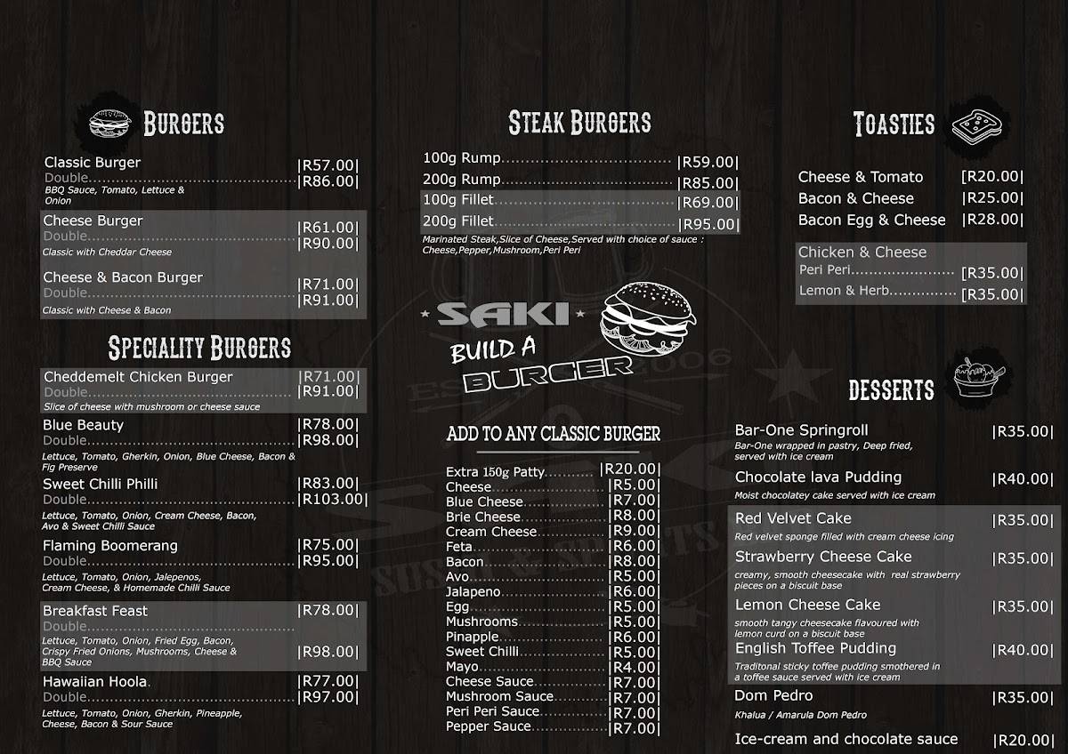 Menu at Saki pub & bar, Pietermaritzburg