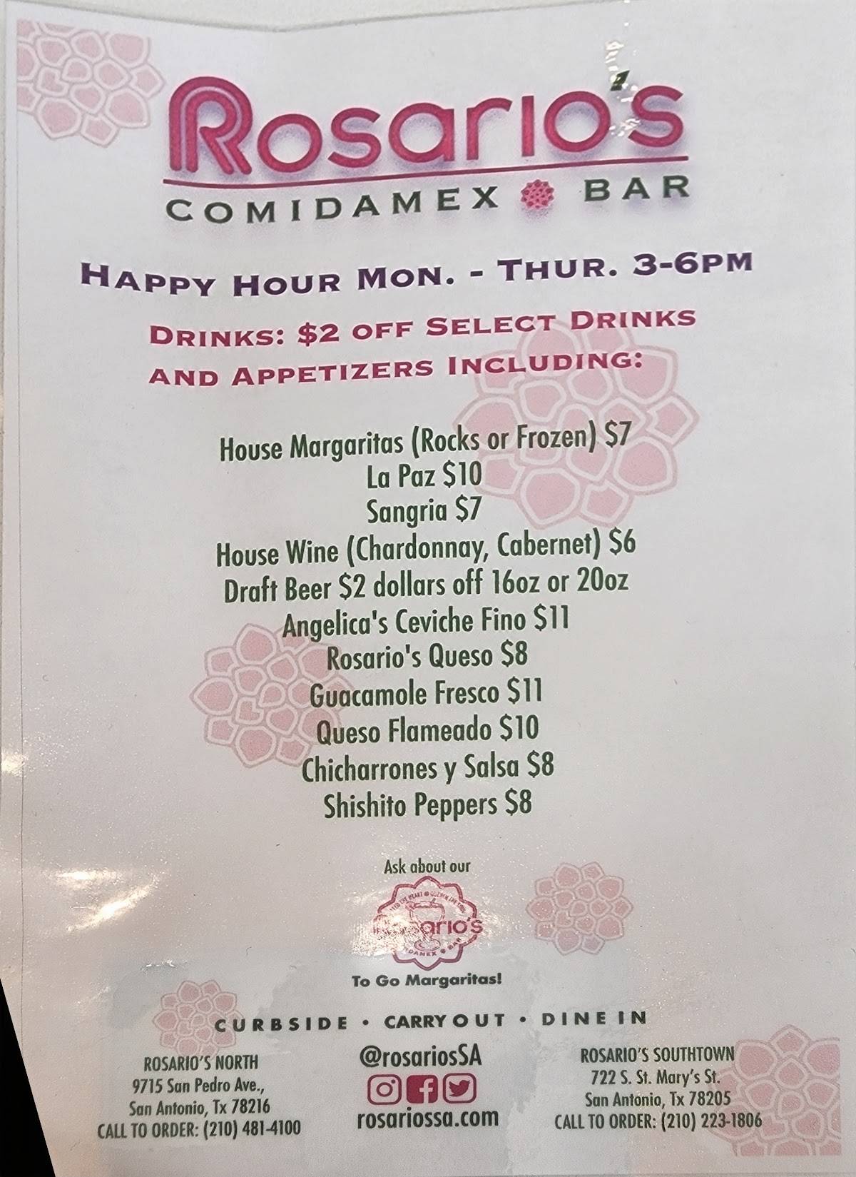 Menu at Rosario's ComidaMex & Bar, San Antonio, 722 S St Mary's St