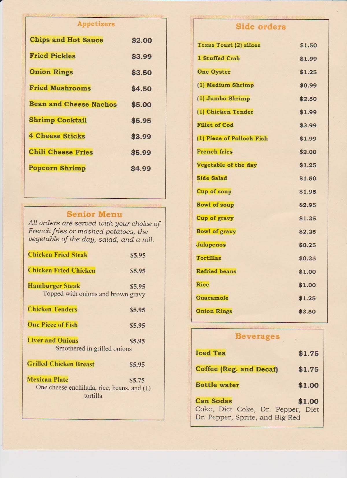 Menu at Sherry's Texan Seafood Restaurant, San Antonio, Pleasanton Rd