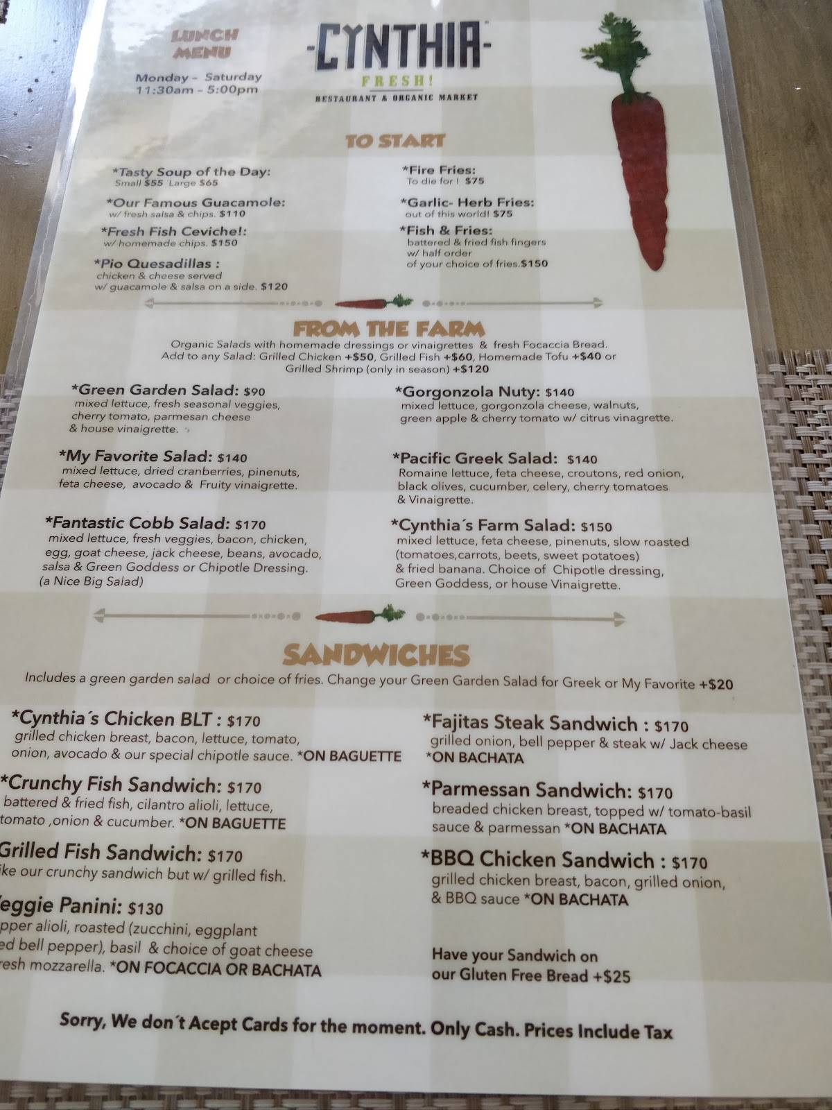 Menu at Cynthia Fresh restaurant, San José del Cabo