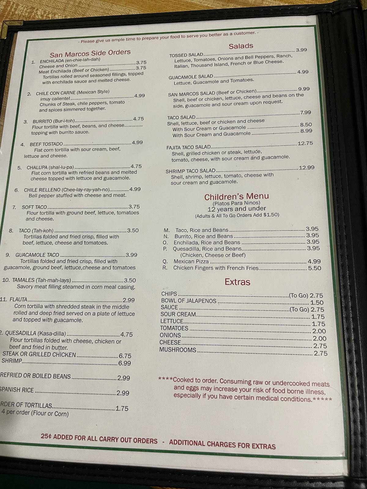 Menu at San Marcos Mexican Restaurant, Valley