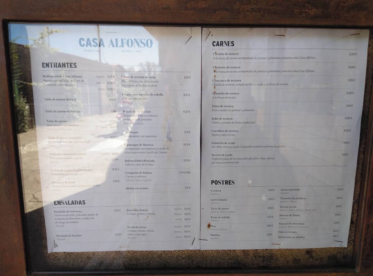 Menu at Asador Casa Alfonso restaurant, San Vitero
