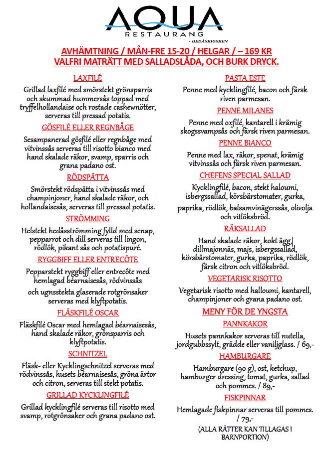 Menu at Aqua Restaurang & Bar - Hedåskiosken, Sandviken, Årsundavägen 301