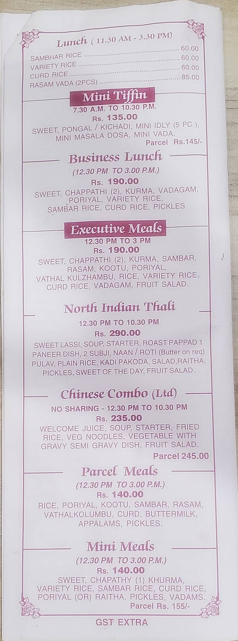 Menu at Sangeetha Veg Restaurant urapakkam, Chennai, No: 16&17