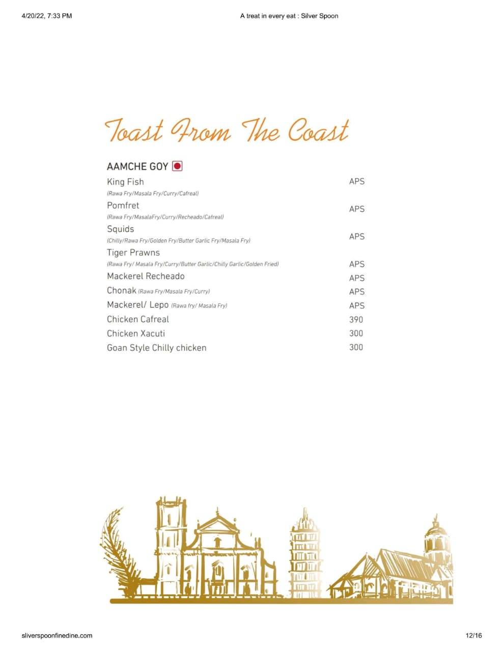 Menu at Silver spoon, Sanquelim