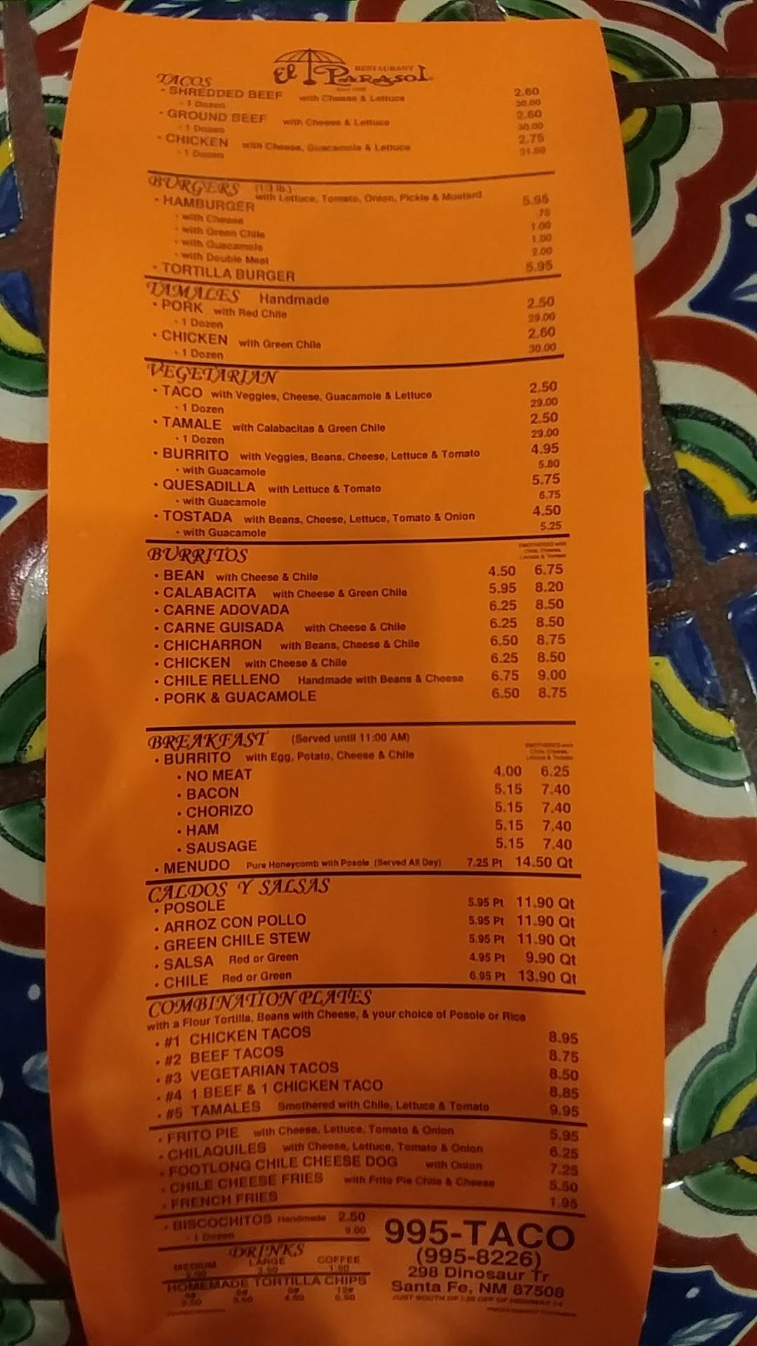 Menu at El Parasol restaurant, Santa Fe, 298 Dinosaur Trail