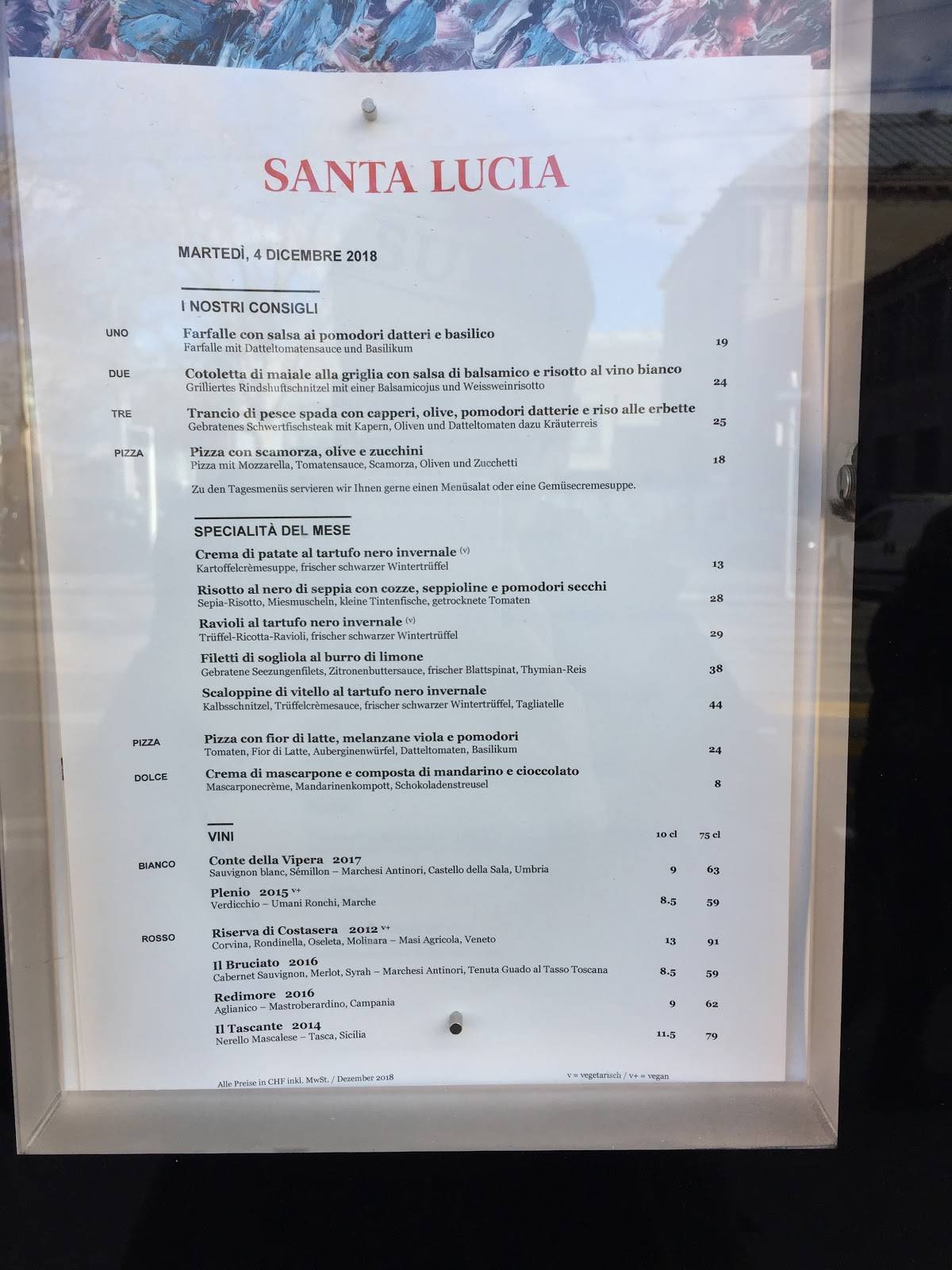 Menu at Santa Lucia, Zürich, Rämistrasse 32