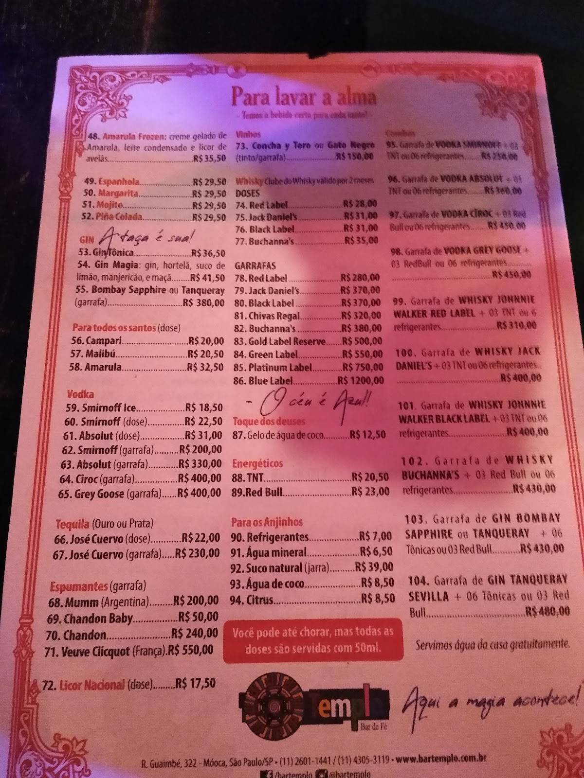 Menu em Templo - Bar de Fé, São Paulo