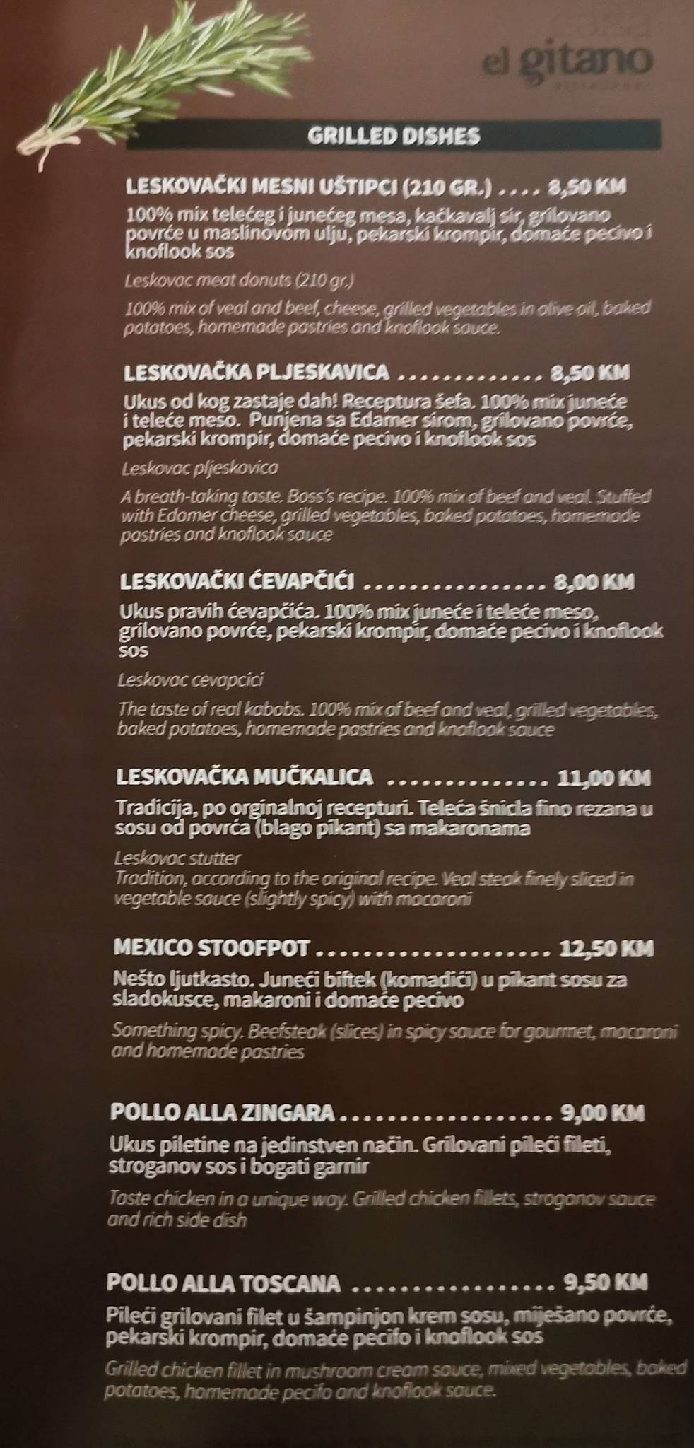 Menu at Casa El Gitano restaurant, Sarajevo