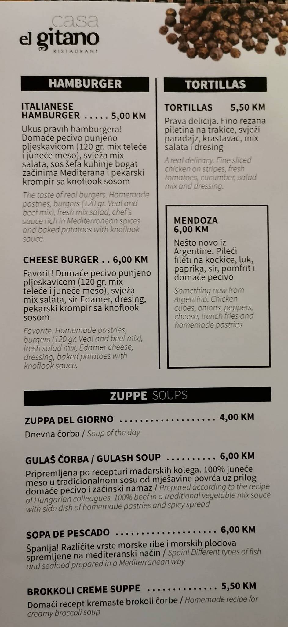 Menu at Casa El Gitano restaurant, Sarajevo