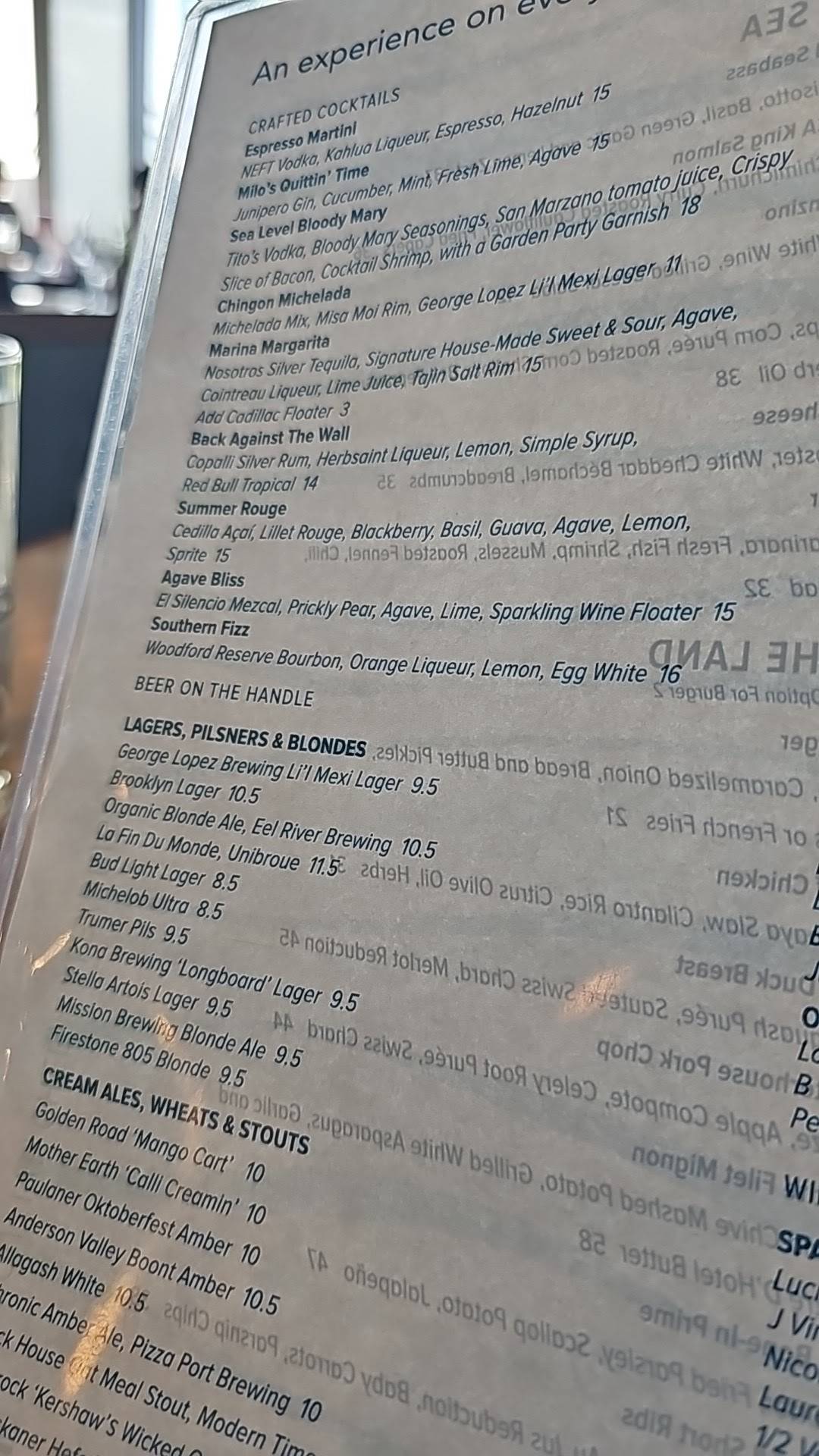 Menu at Sea Level Restaurant and Lounge, Redondo Beach