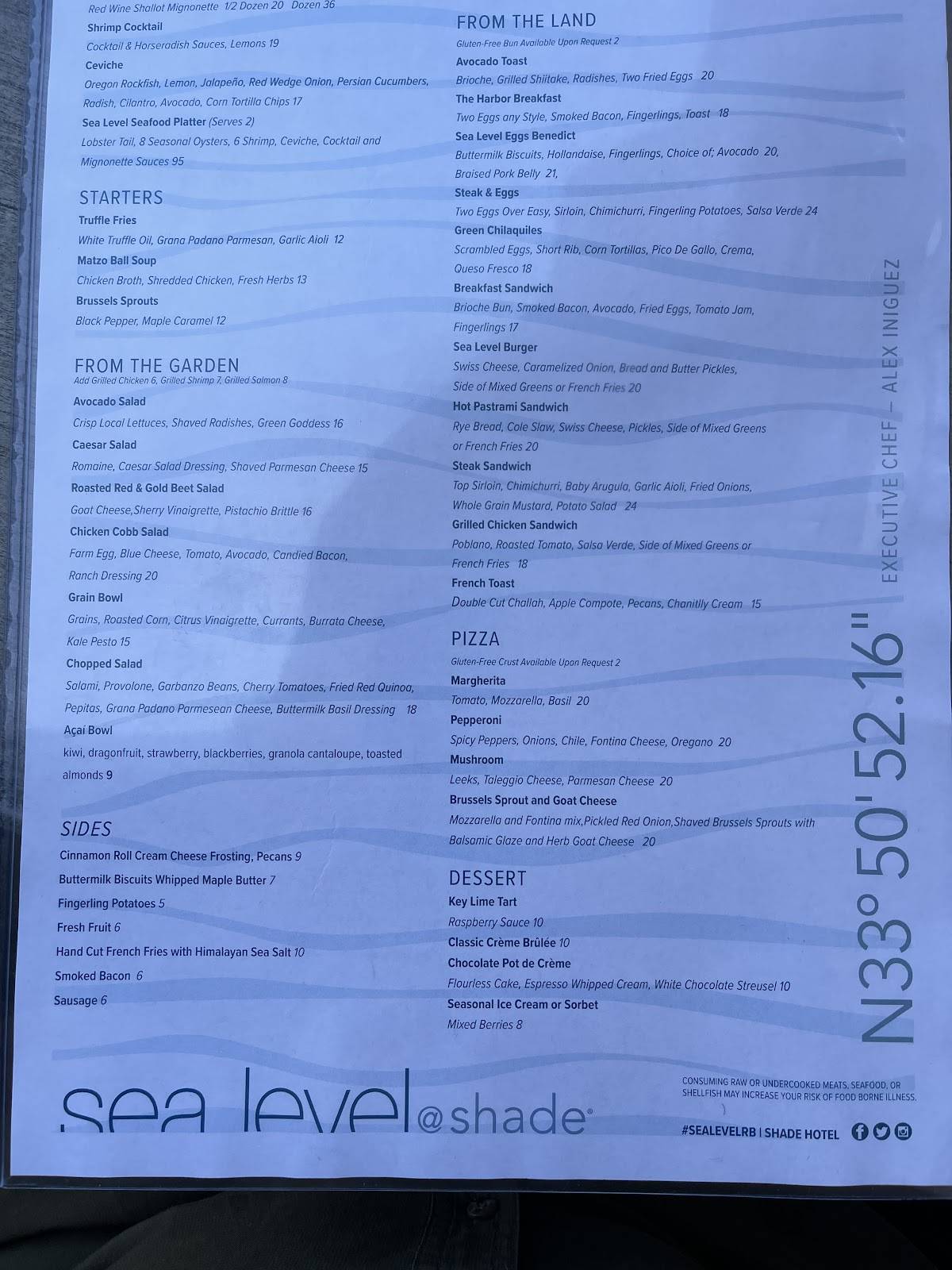 Menu at Sea Level Restaurant and Lounge, Redondo Beach