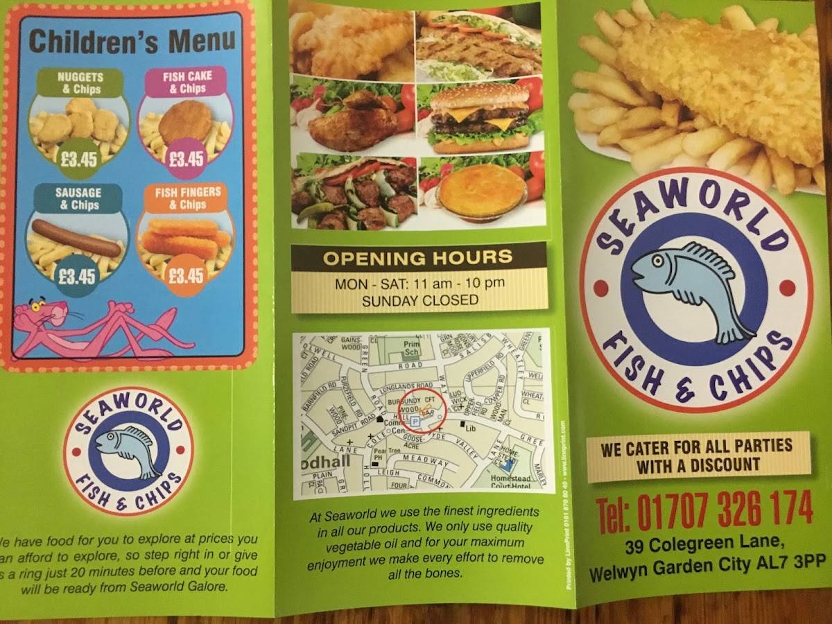 Menu at Sea World fast food, Welwyn Garden City