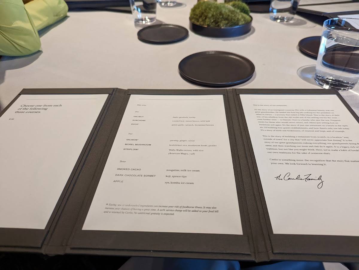 Menu at Canlis restaurant, Seattle