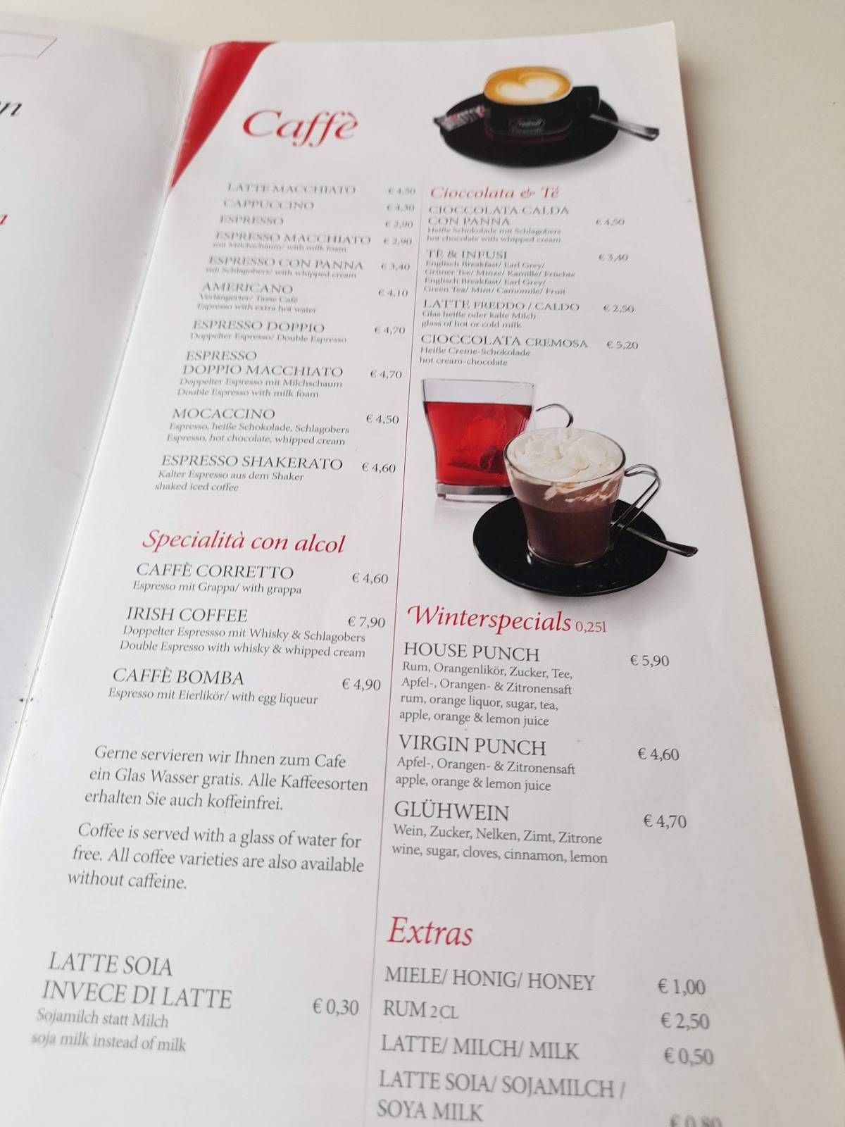Menu at Segafredo. cafe, Vienna, Graben 29