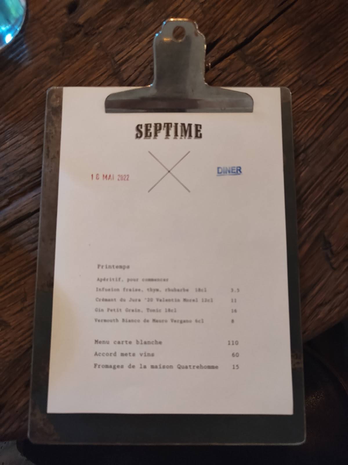 Menu at Septime restaurant, Paris, 80 Rue de Charonne