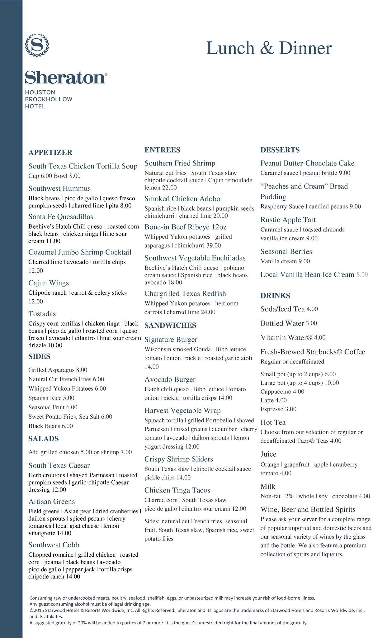 Menu at Sheraton Houston Brookhollow Hotel pub & bar, Houston