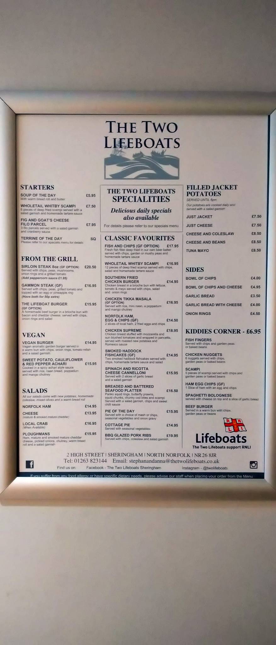 Menu at The Two Lifeboats restaurant, Sheringham