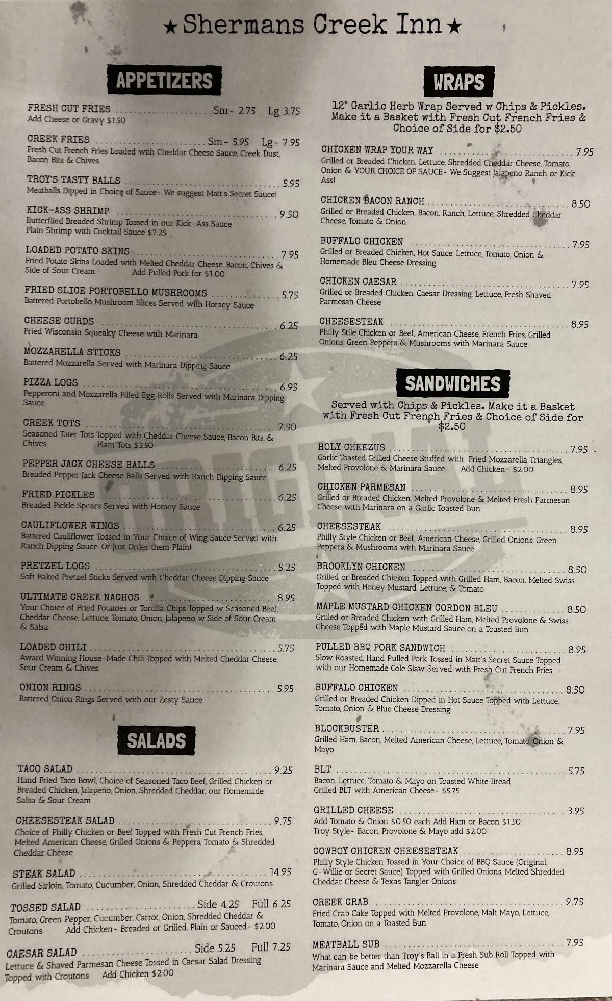 Menu at Shermans Creek Inn pub & bar, Shermans Dale