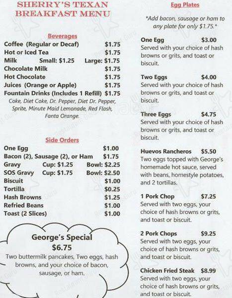 Menu at Sherry's Texan Seafood Restaurant, San Antonio, Pleasanton Rd