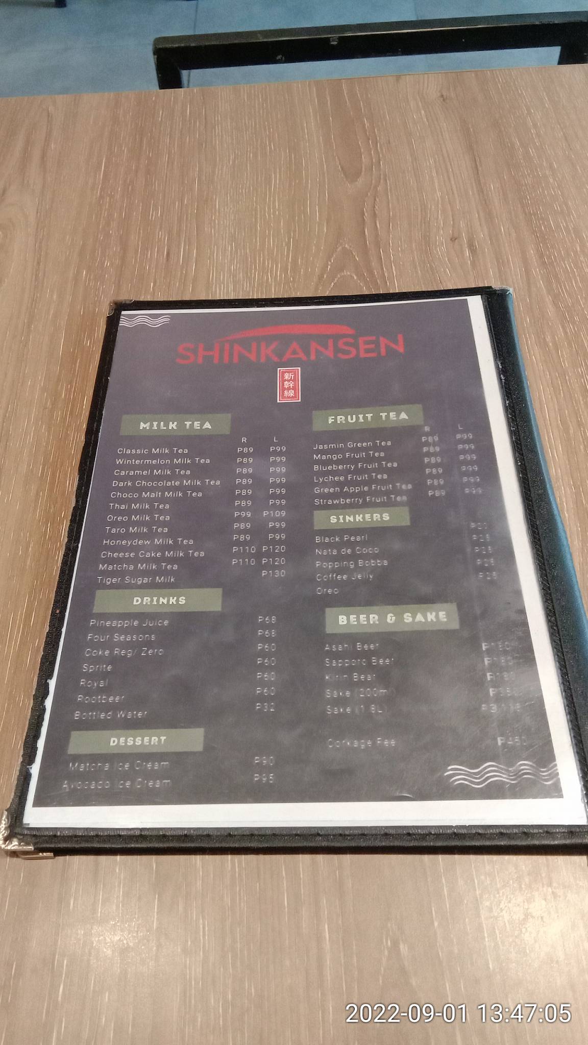Menu at Shinkansen Ramen & Izakaya restaurant, Calamba