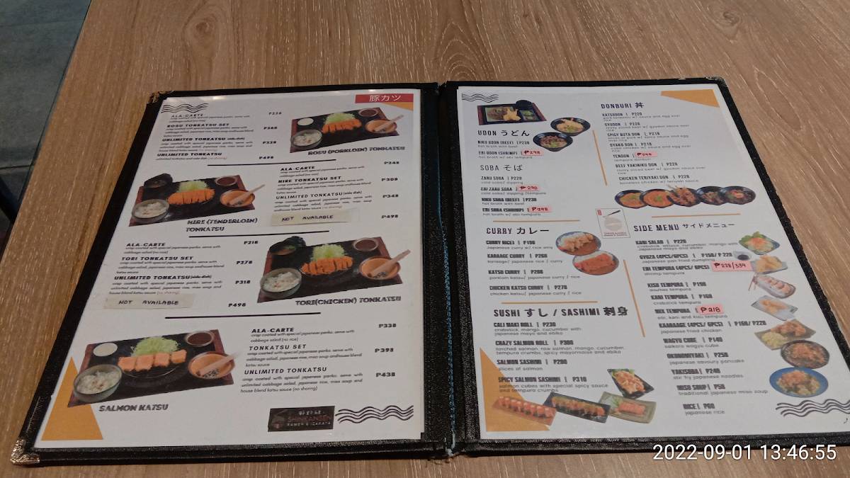 Menu at Shinkansen Ramen & Izakaya restaurant, Calamba