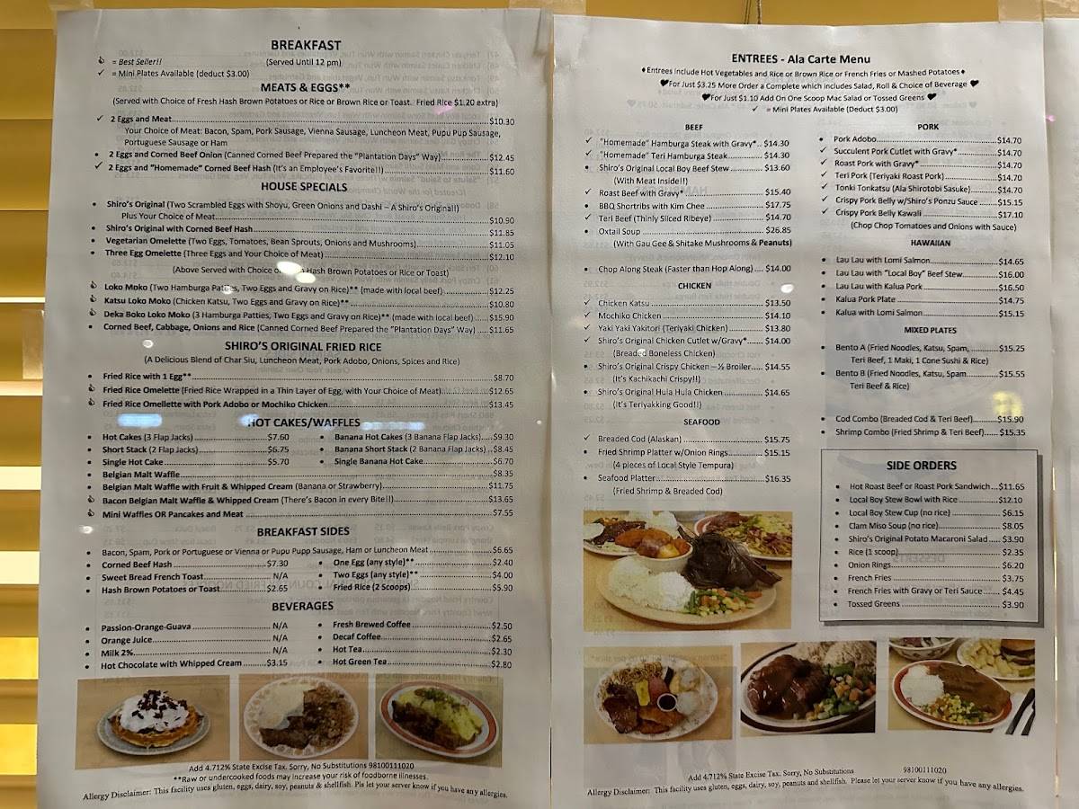 Menu at Shiro's Saimin Haven restaurant, Aiea