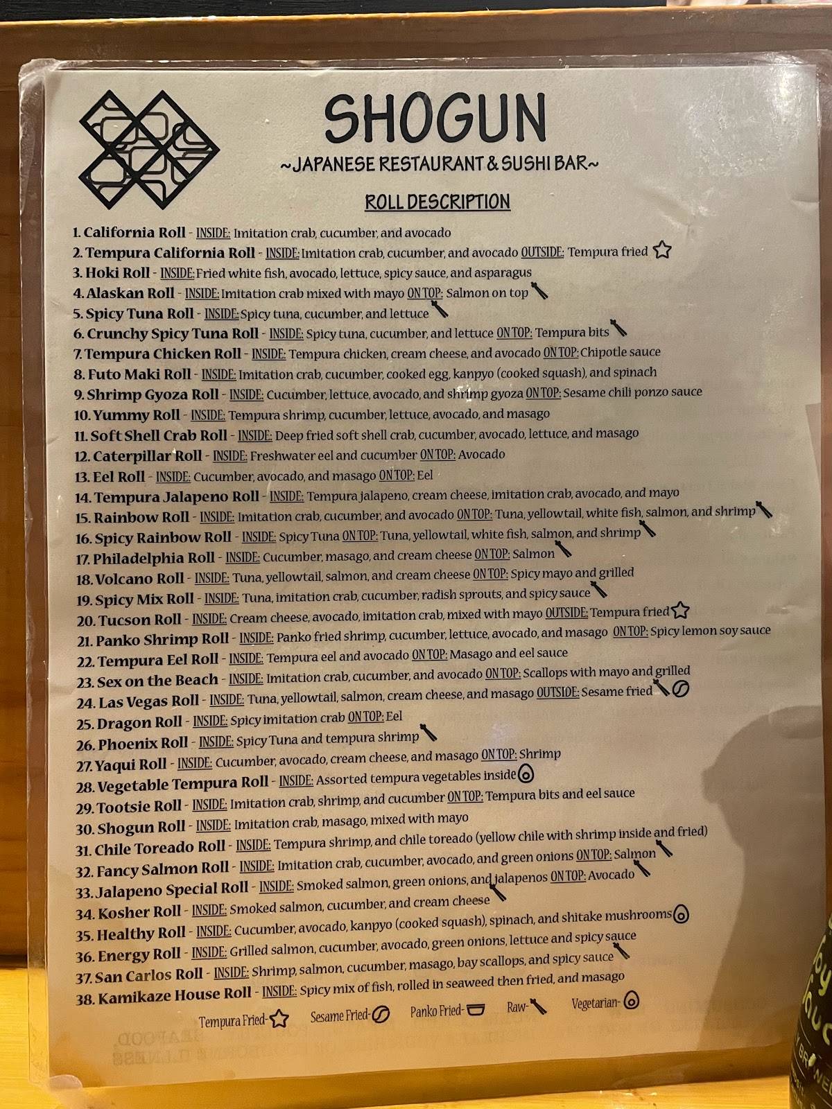 Menu at Shogun Japanese Restaurant, Tucson