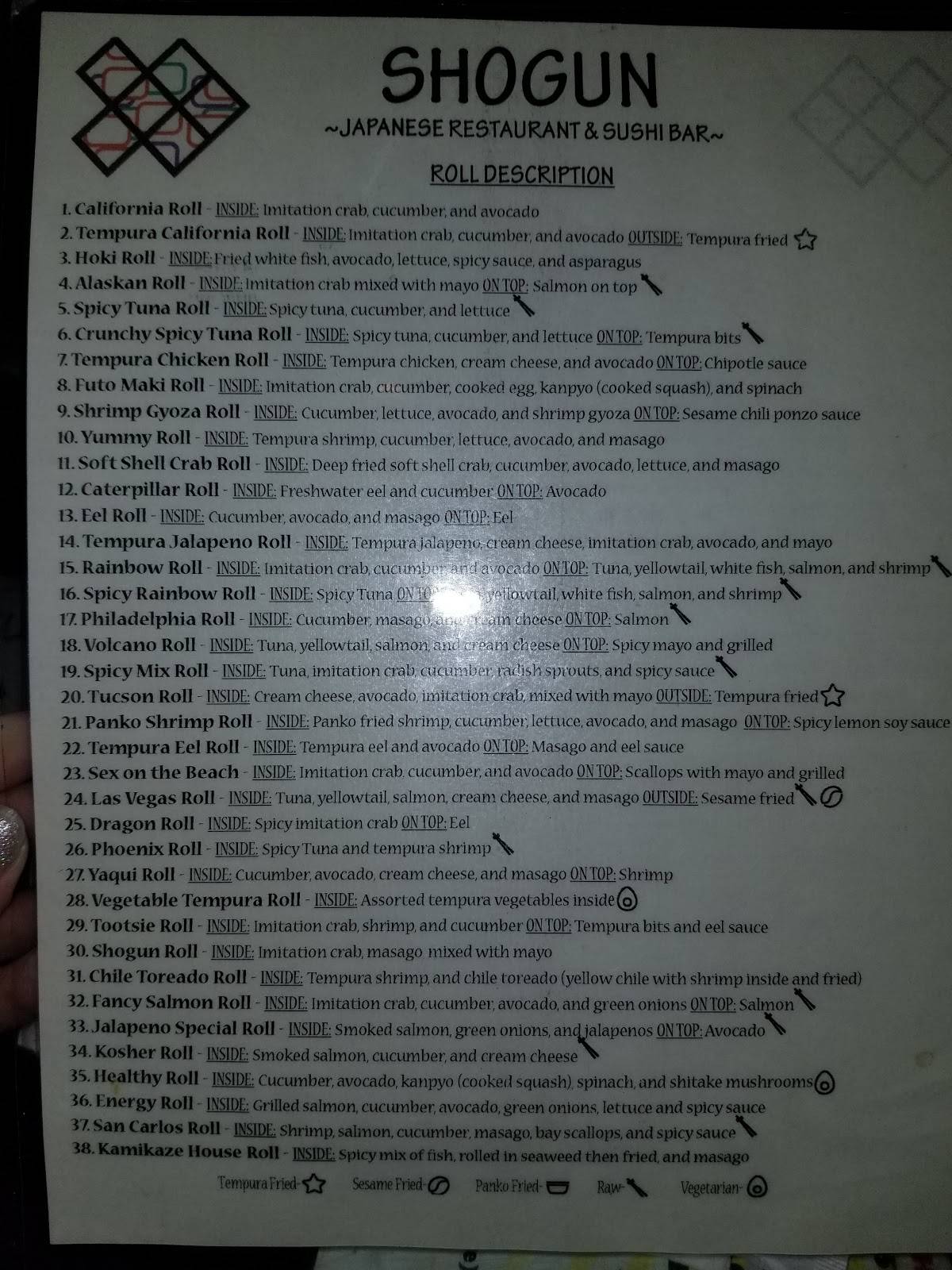Menu at Shogun Japanese Restaurant, Tucson