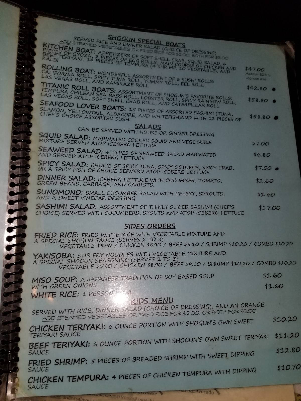 Menu at Shogun Japanese Restaurant, Tucson