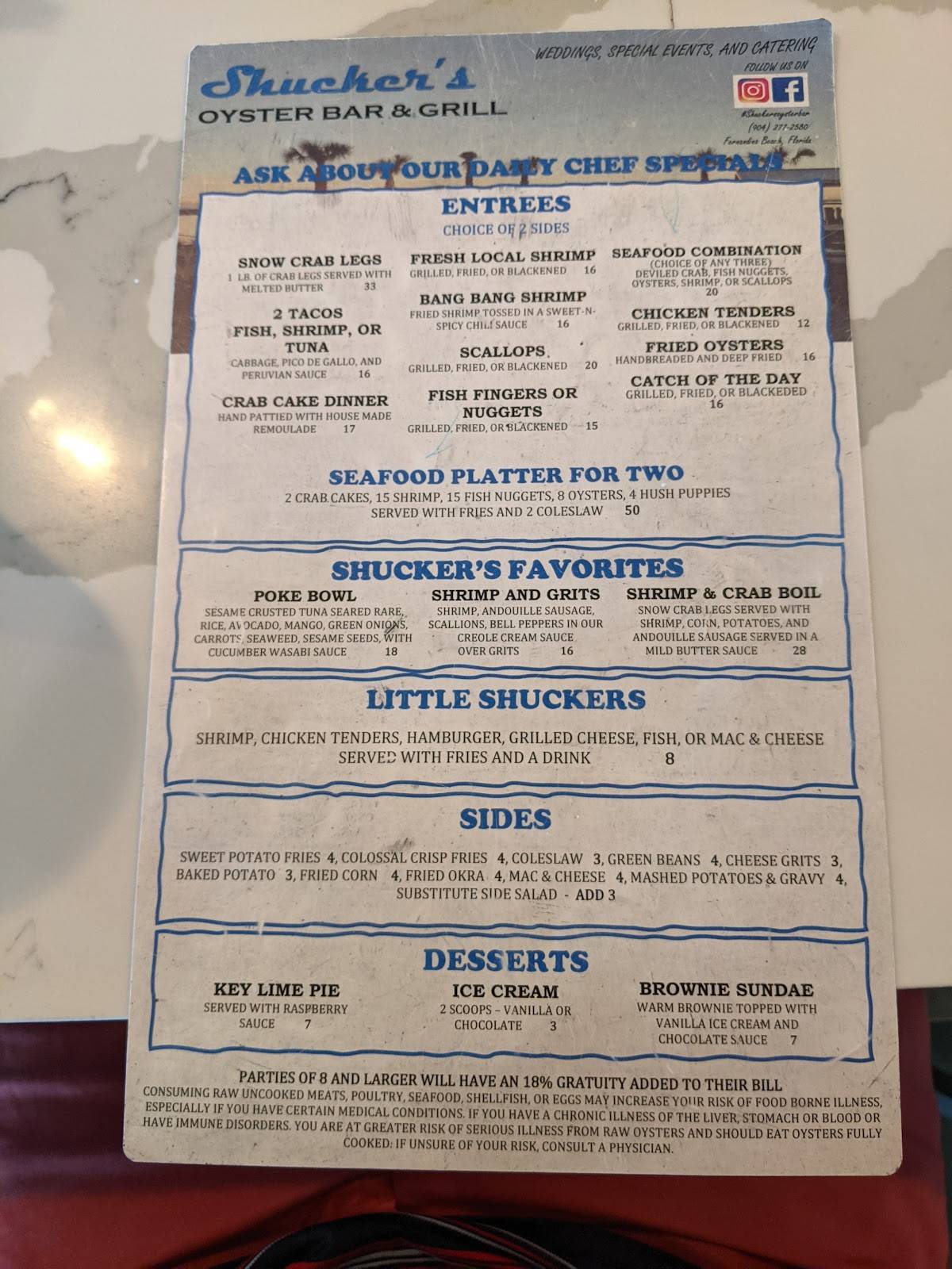 Menu at Shucker's Oyster Bar & Grill, Jacksonville, Wade's Pl