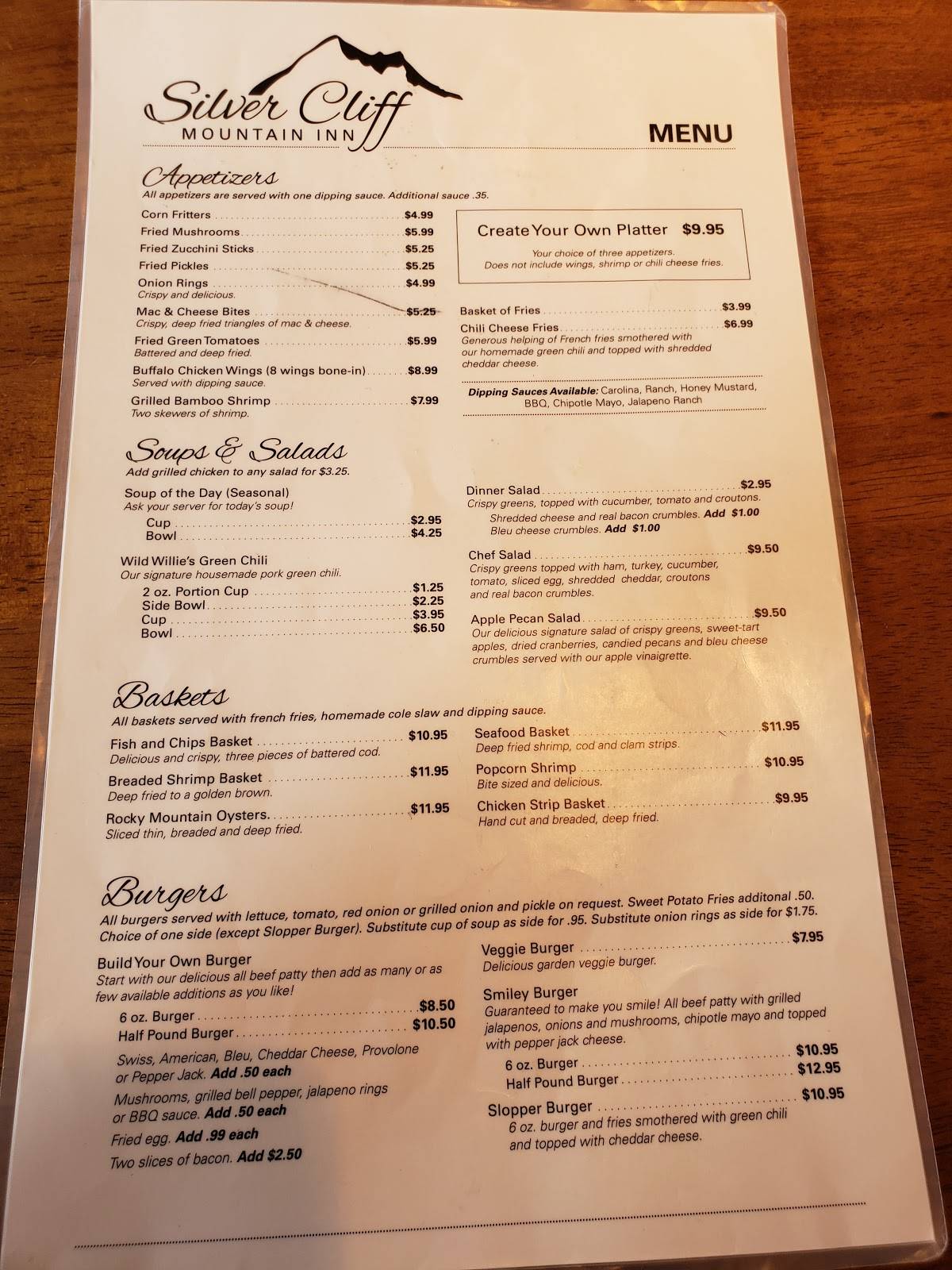Menu at Silver Cliff Mountain Inn restaurant, Silver Cliff