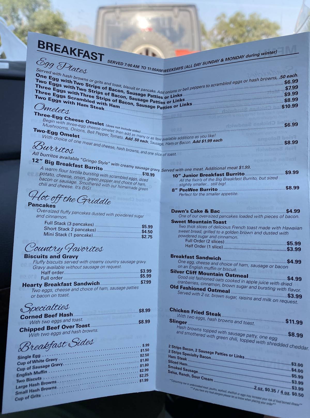 Menu at Silver Cliff Mountain Inn restaurant, Silver Cliff