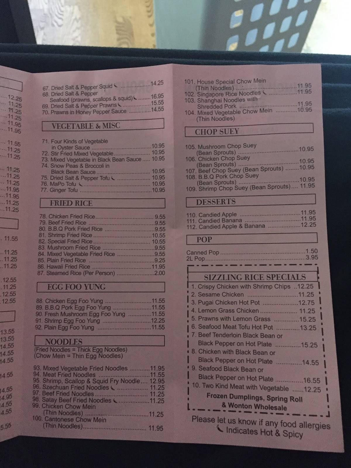 Menu at Sizzling Rice restaurant, Calgary