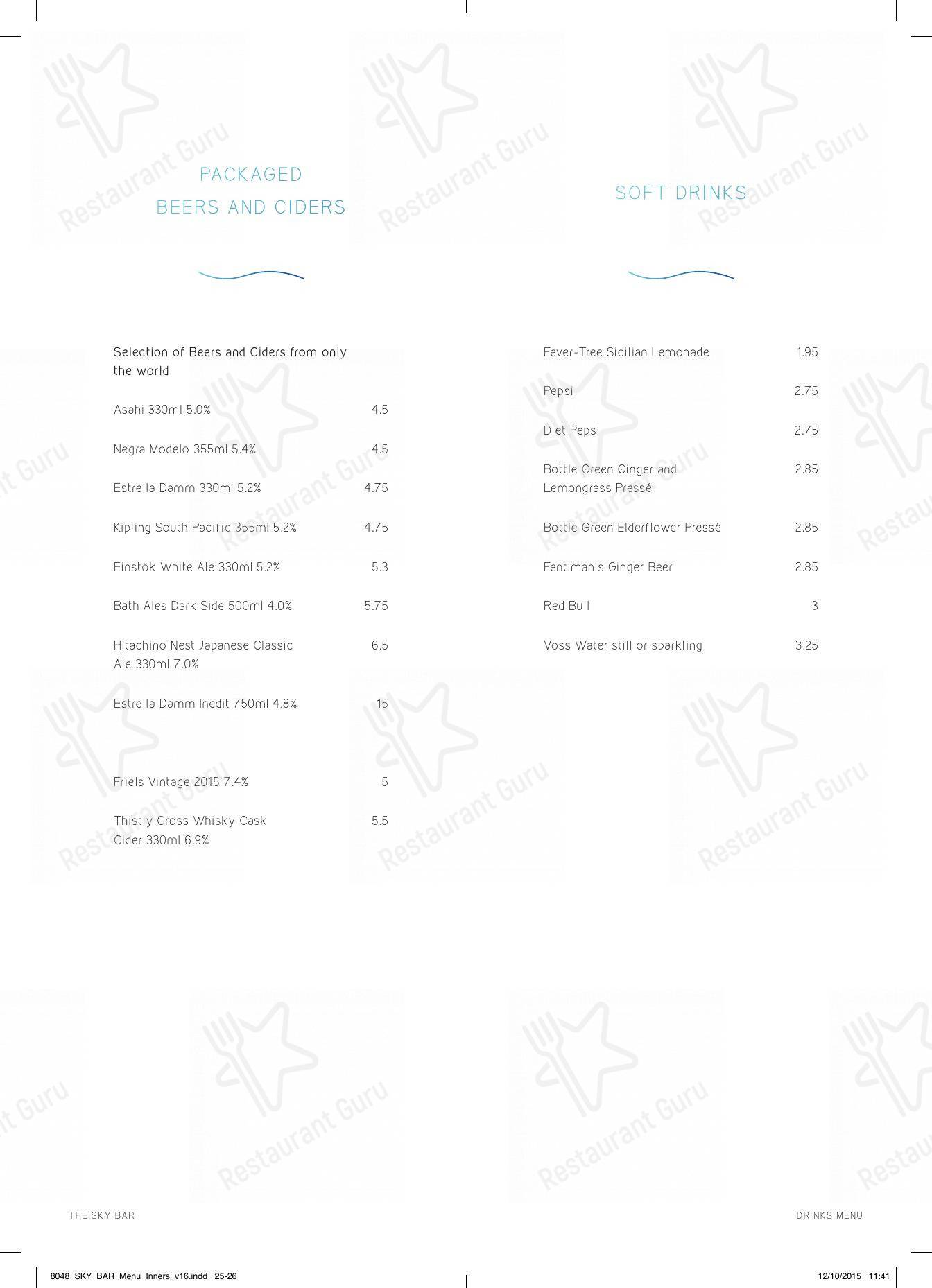 Menu at Sky Bar & Restaurant, Birmingham