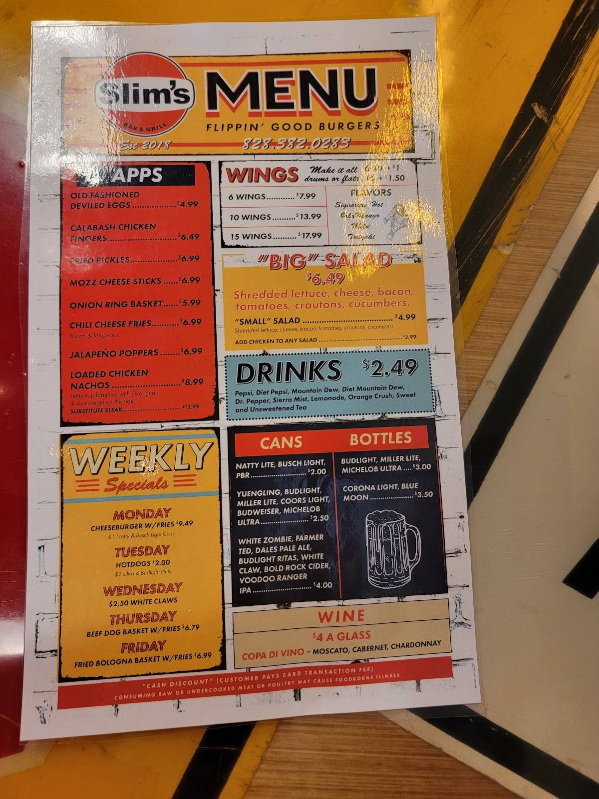 Menu at Slim's Bar & Grill, Forest City