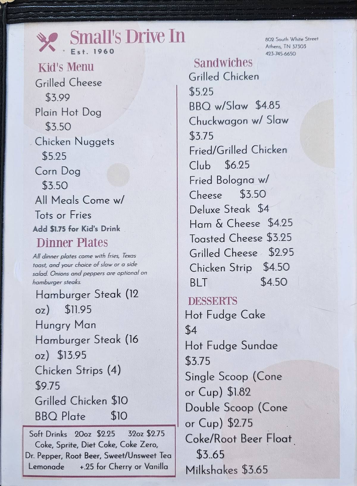 Menu at Small's Drive In restaurant, Athens