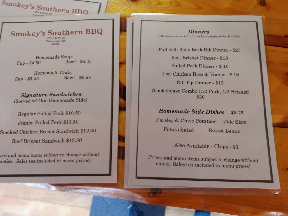 Menu at Smokey's Southern Barbeque, Chesterton, 375 US-20