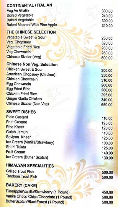 Menu at Snow Valley Resorts, Manali