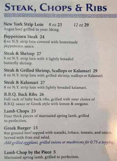 Menu at Sotiris Greek Restaurant, Burlington