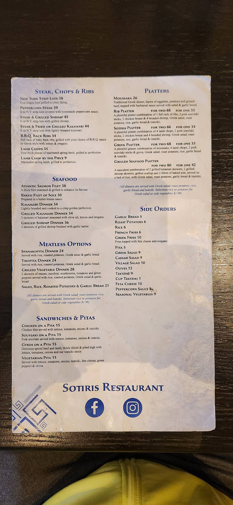 Menu at Sotiris Greek Restaurant, Burlington