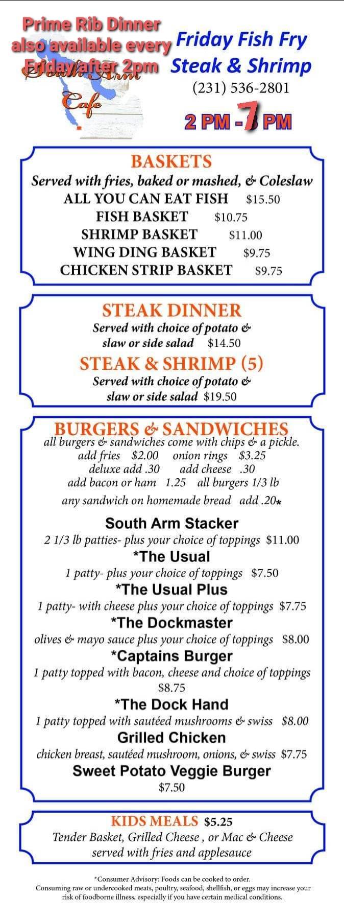 Menu at South Arm Cafe, East Jordan