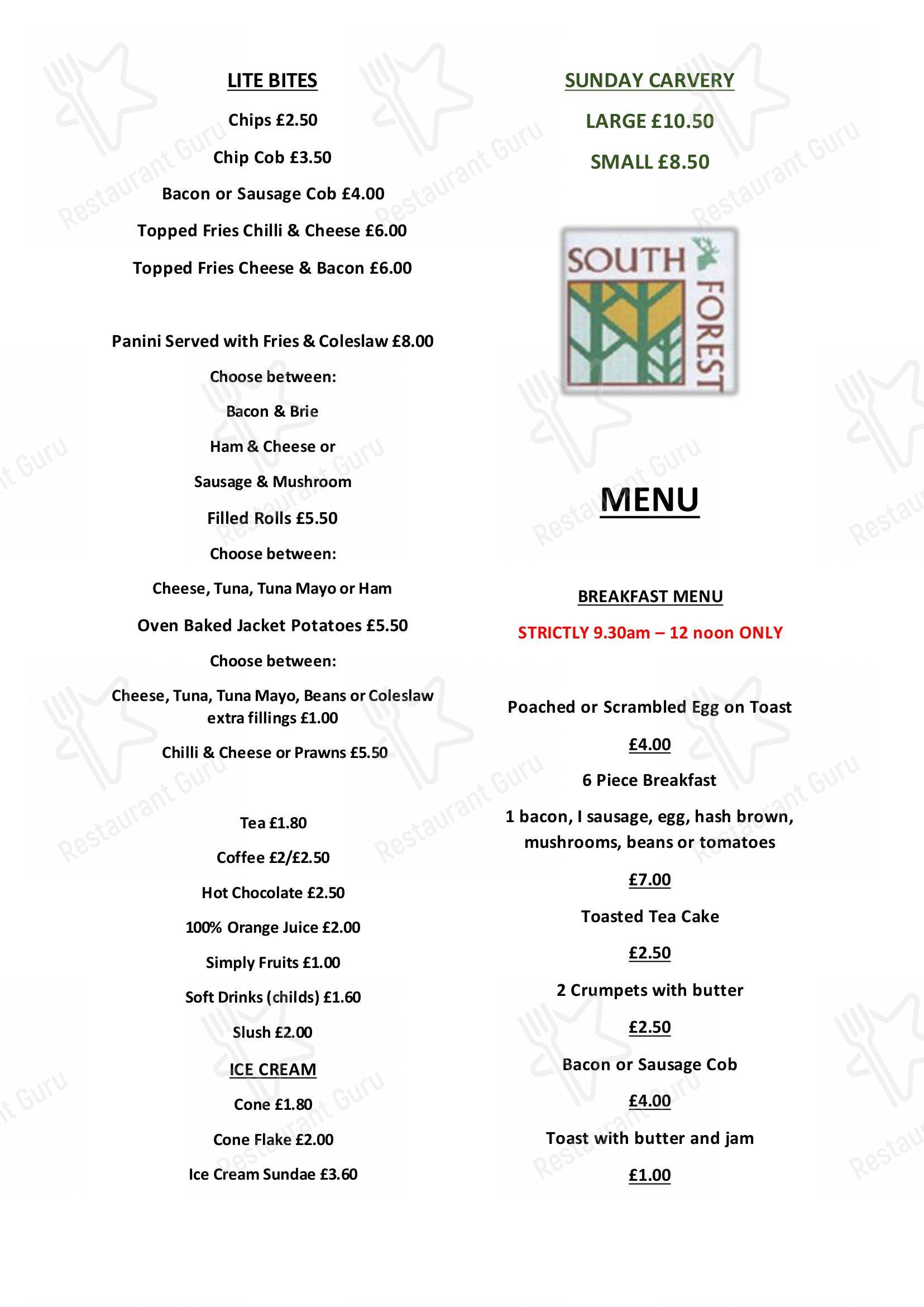 Menu at South Forest Leisure Complex restaurant, Edwinstowe