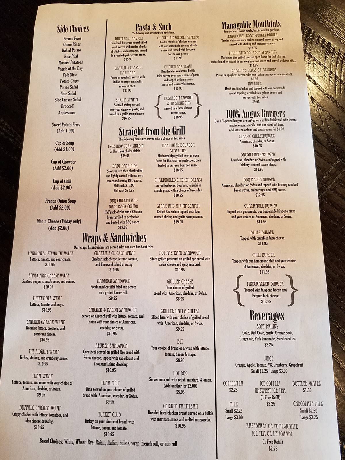 Menu at Charlie's Diner restaurant, Spencer