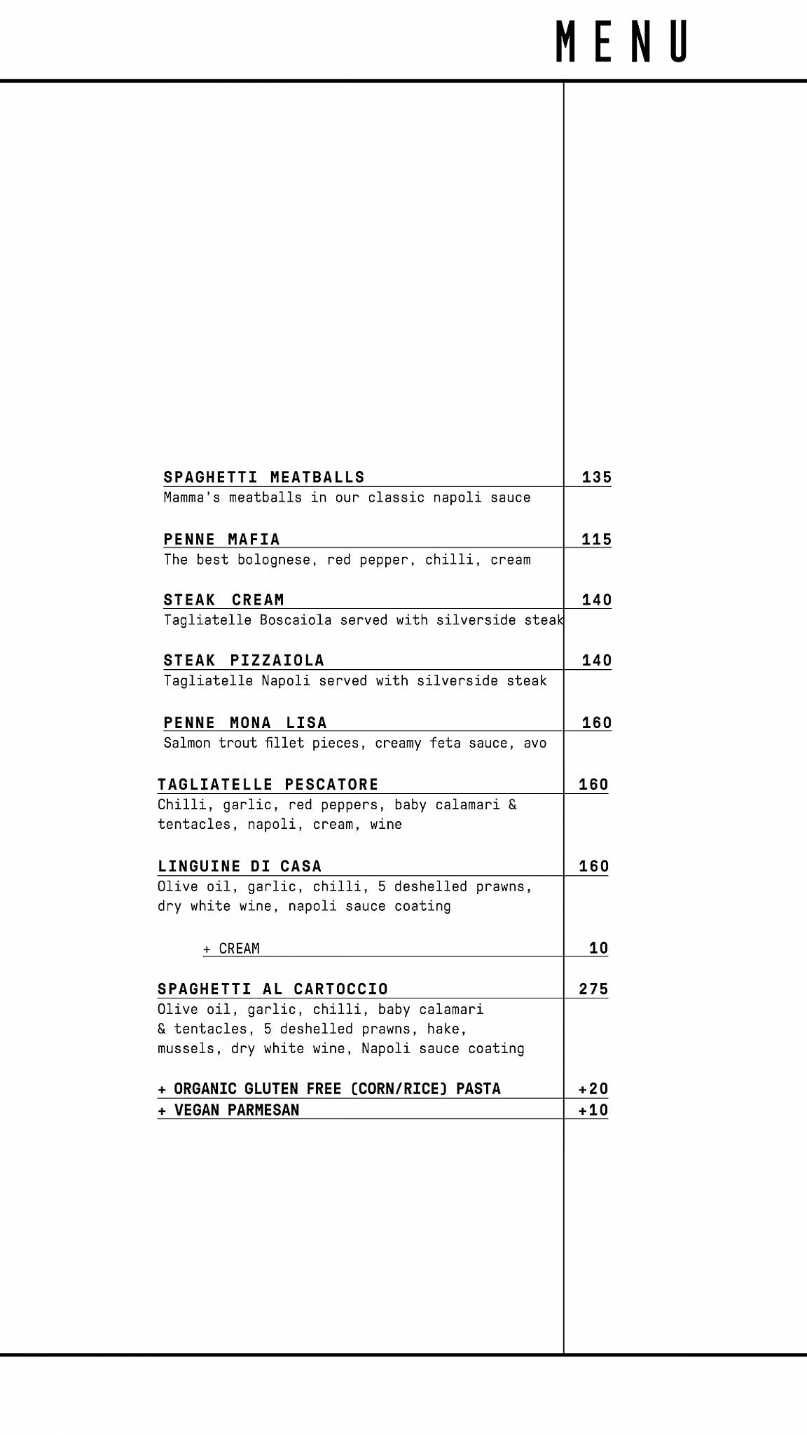 Menu at Spiga restaurant, Durban, 465 Innes Rd