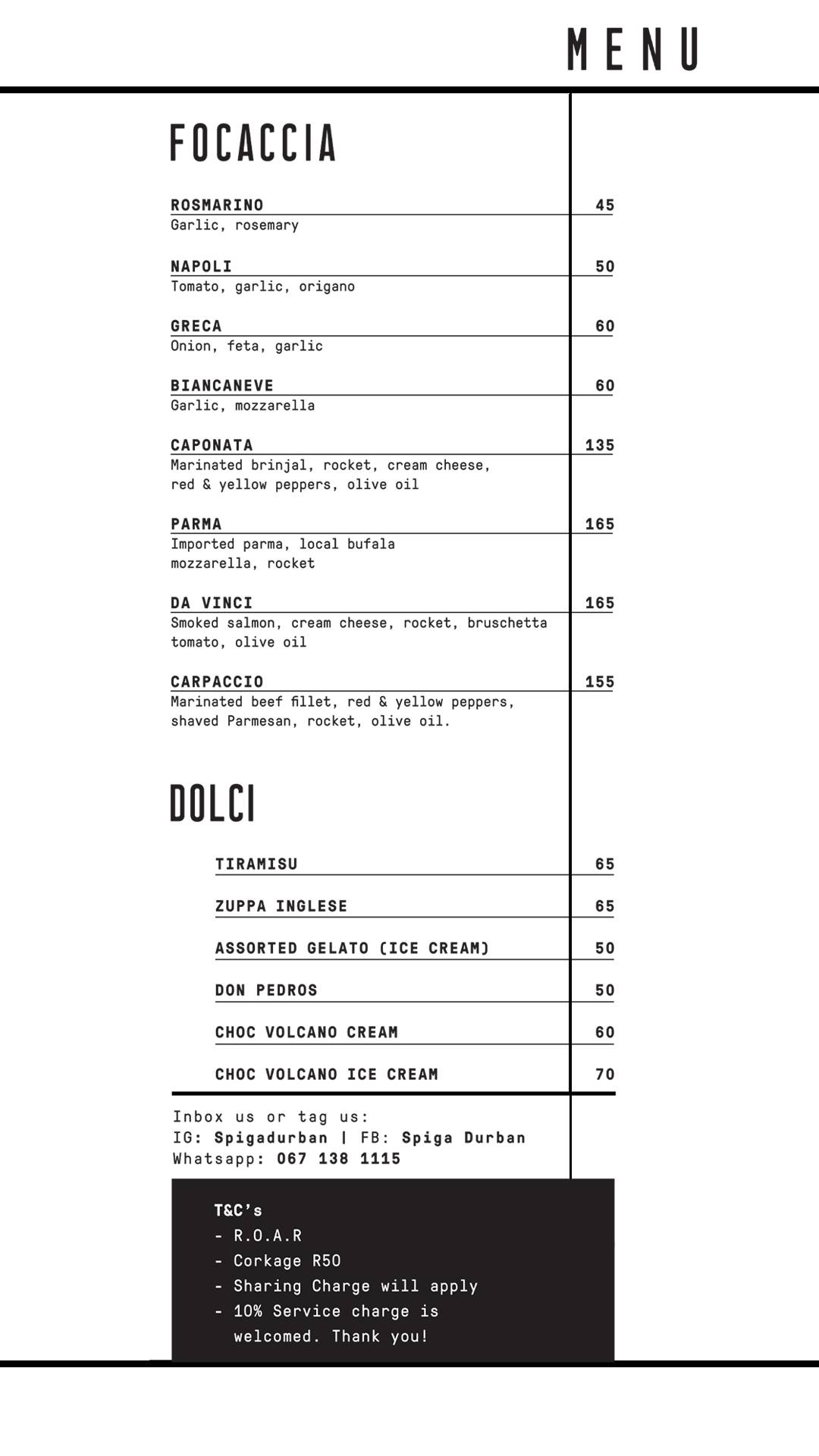 Menu at Spiga restaurant, Durban, 465 Innes Rd