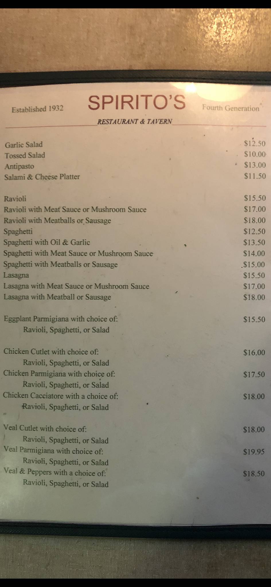 Menu at Spirito's pizzeria, Elizabeth, 714 3rd Ave