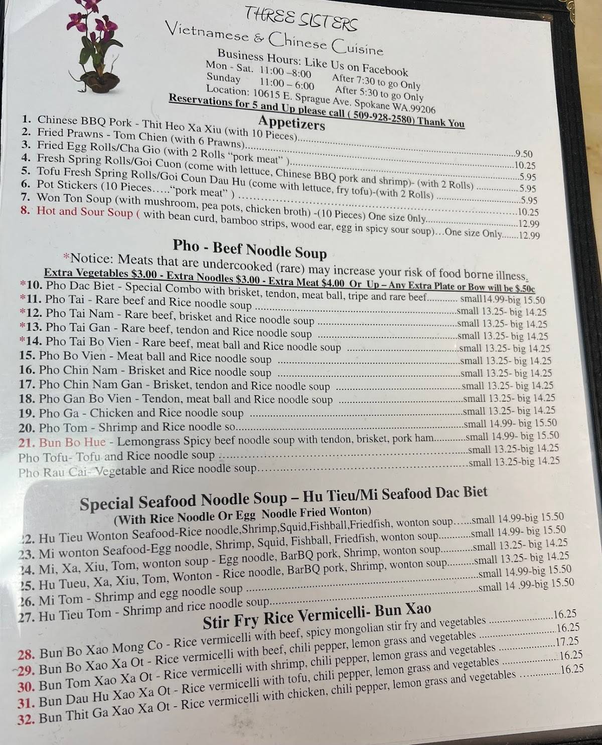 Menu at Three Sisters Restaurant, Spokane Valley, E Sprague Ave